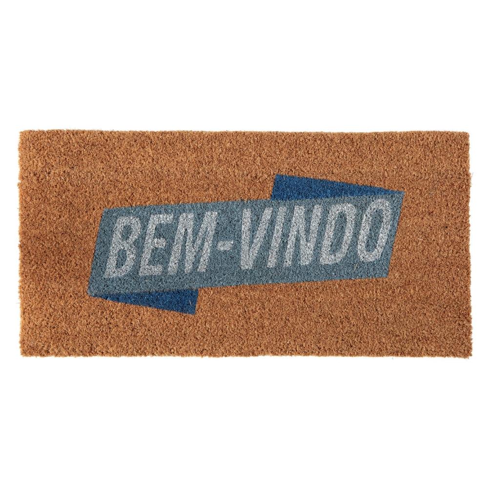 Tapete Capacho Fibra De Côco Faixa Azul Bem Vindo 30x60cm Corttex